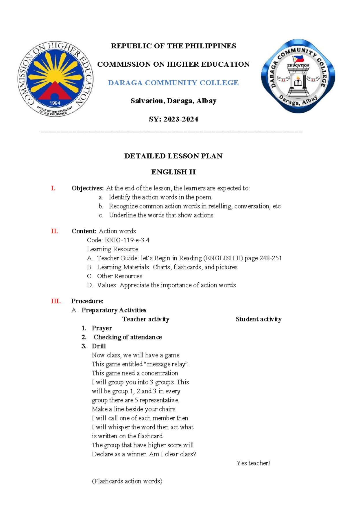 ENGLISH II Detailed Lesson Plan: Action Words Activities - Studocu