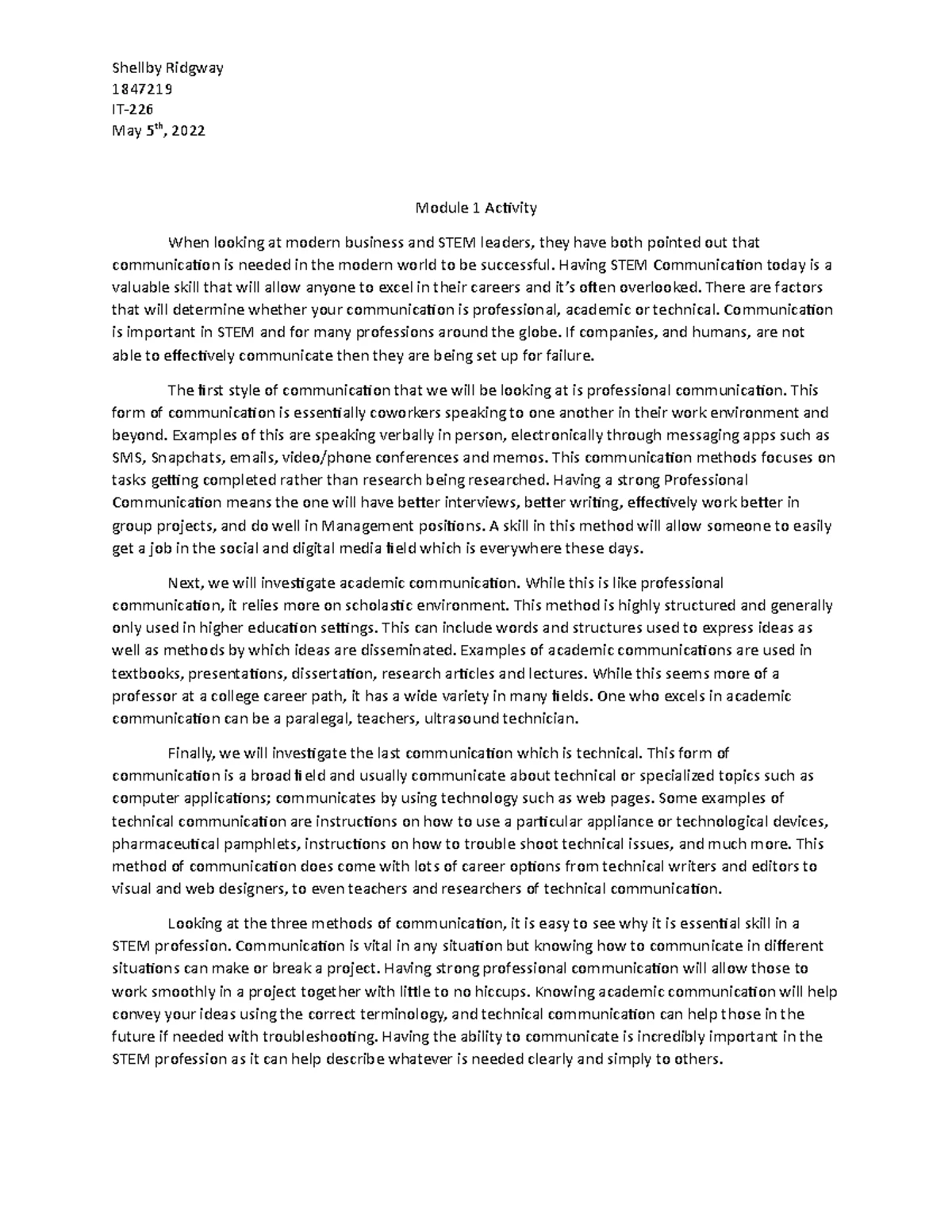 Module 4 Activity - IT226 - Shellby Ridgway 1847219 IT- May 26th, 2022 ...