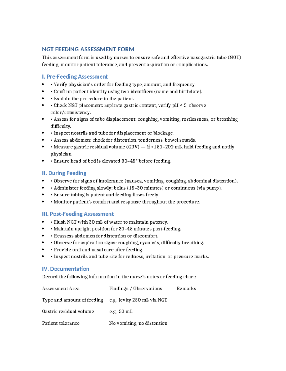 NGT Feeding Assessment Form: Safe Practices for Nurses - Studocu
