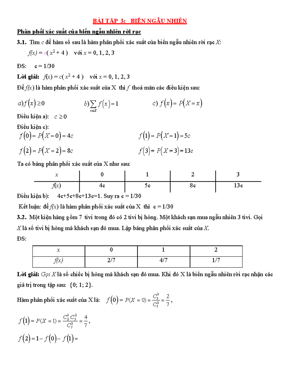 Nmxstk - BT 3: Hướng Dẫn Giải Phân Phối Xác Suất Biến Ngẫu Nhiên - Studocu