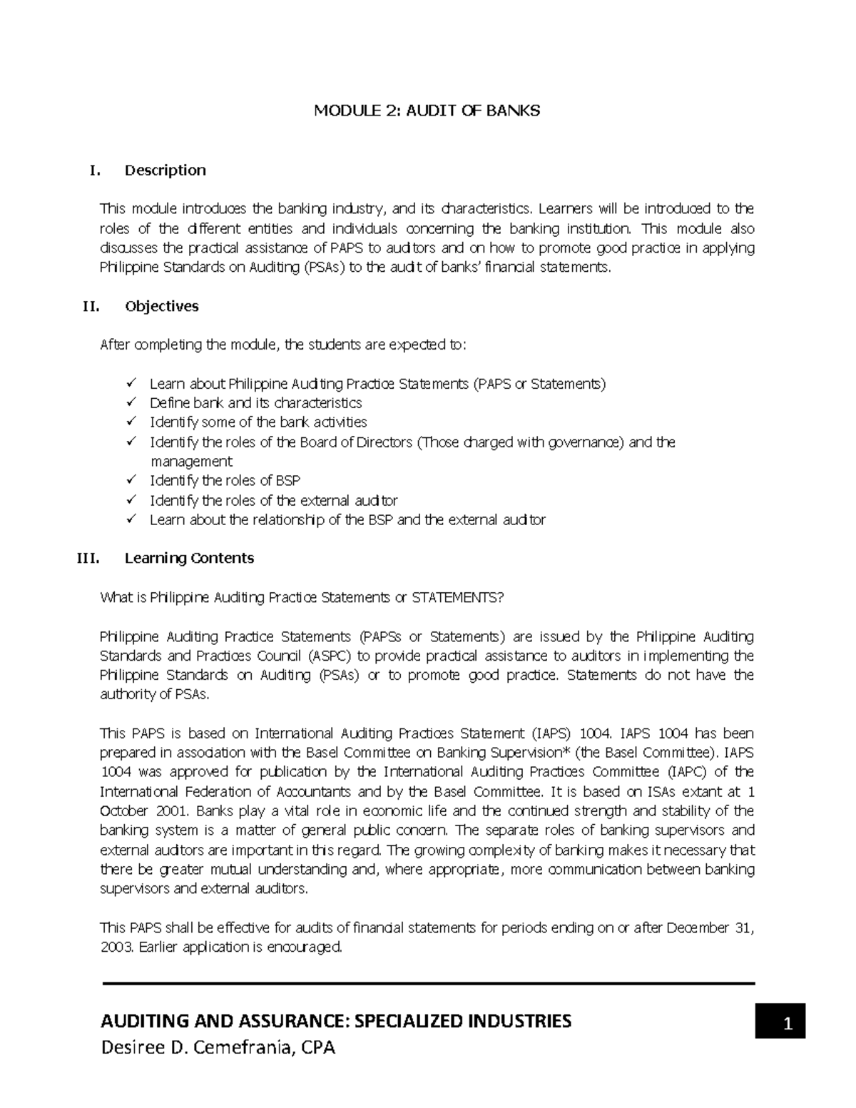 Module 3 Audit of Banks P1 - AUDITING AND ASSURANCE: SPECIALIZED INDUSTRIES 1 MODULE 2: AUDIT OF ...
