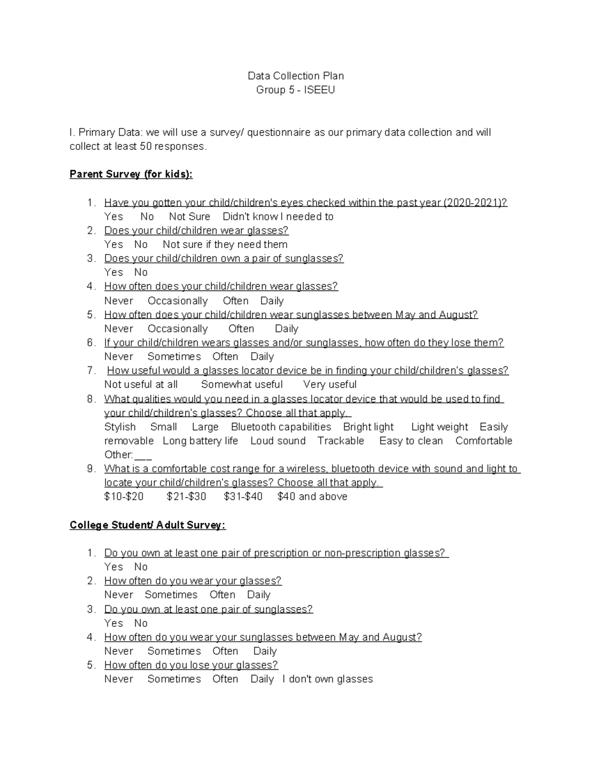 ENTR310 Data Collection Plan: Primary Data via Parent & College Surveys ...