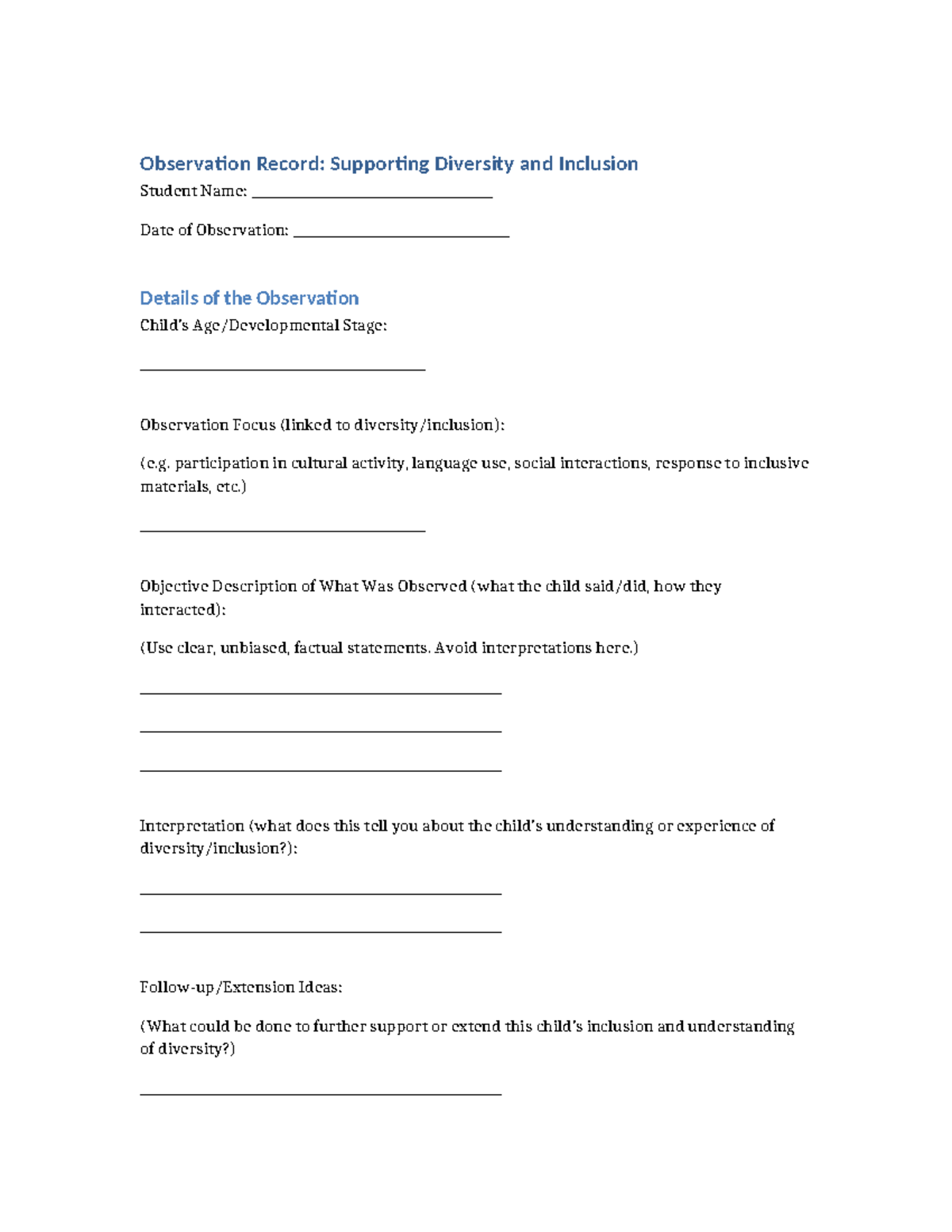 Observation Record: Supporting Diversity & Inclusion in Students - Studocu