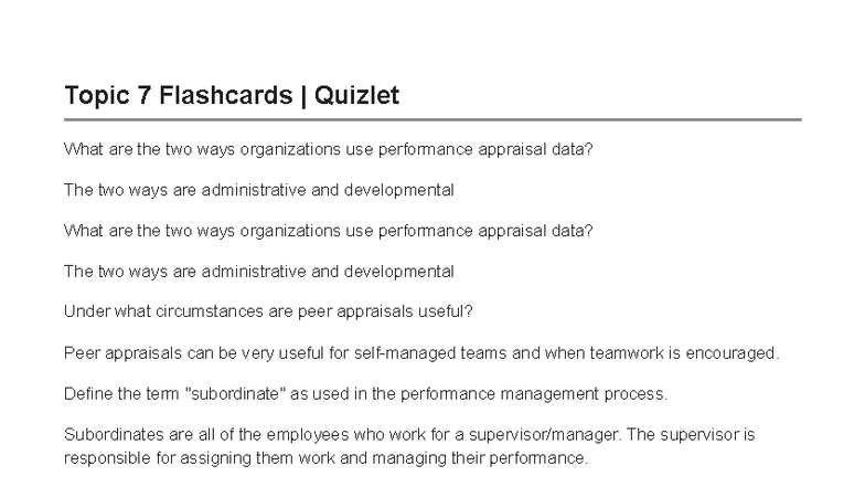 Topic 7: Performance Appraisal Methods & Uses - Flashcards Quizlet - Studocu