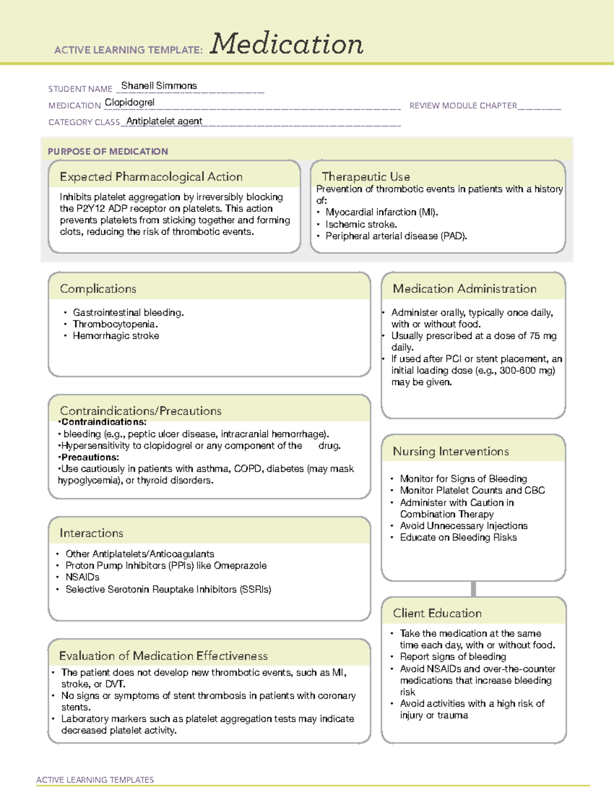 Clopidogrel - Drug card - ACTIVE LEARNING TEMPLATES Medication STUDENT ...