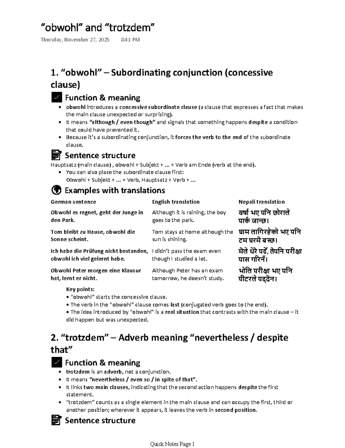 German Conjunctions: "obwohl" and "trotzdem" Explained - Studocu