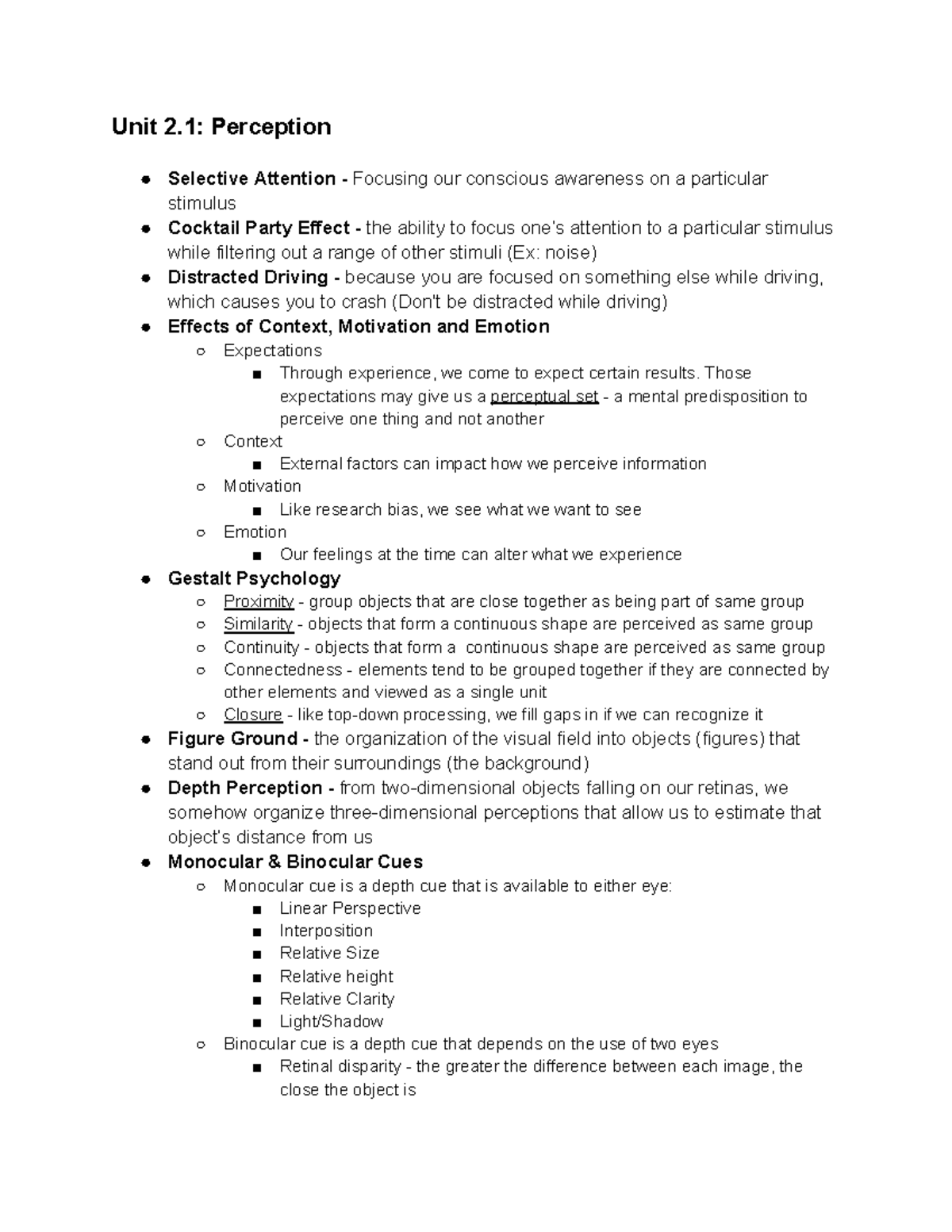 Unit 2 AP Psychology 2.1 - Unit 2: Perception Selective Attention ...