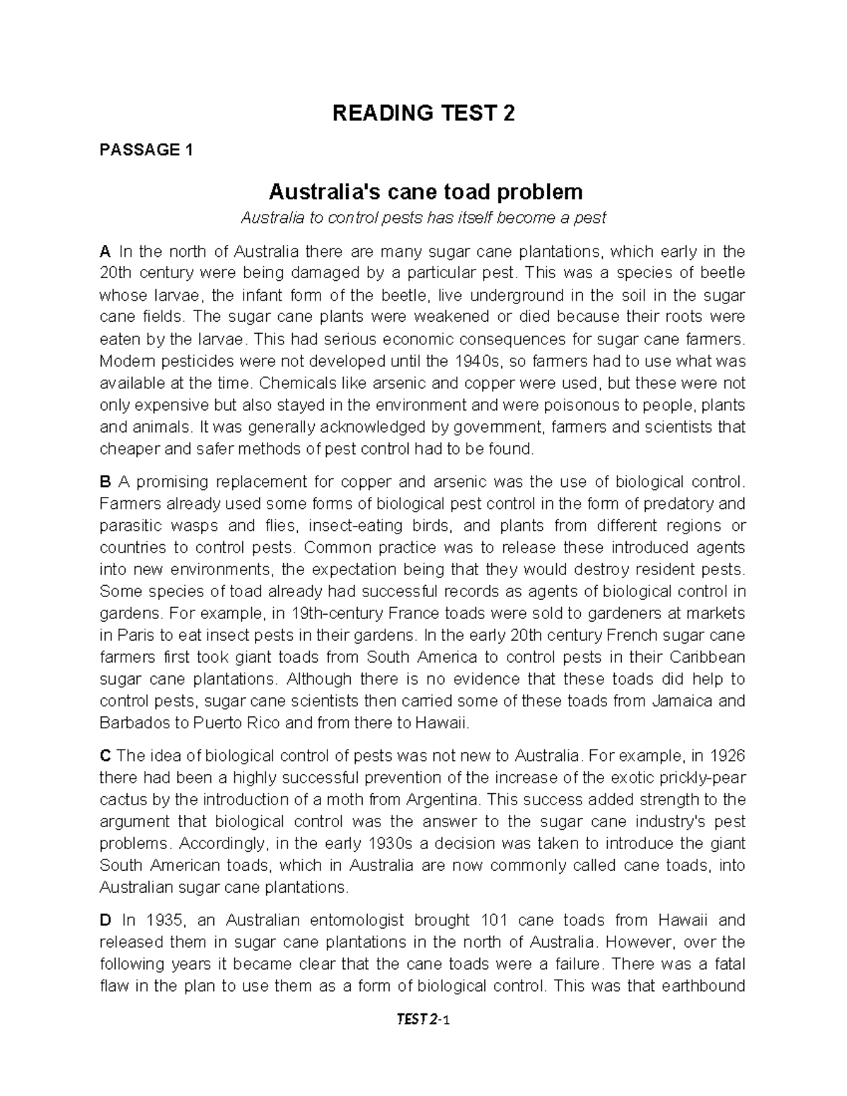 READING TEST 2: Cane Toads and Their Impact on Australian Agriculture ...