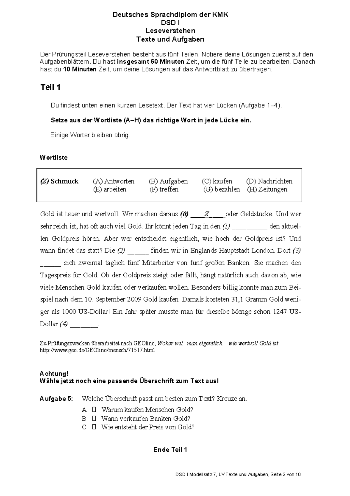 DSD I Leseverstehen Modellsatz 7: Texte und Aufgaben für Prüfung - Studocu