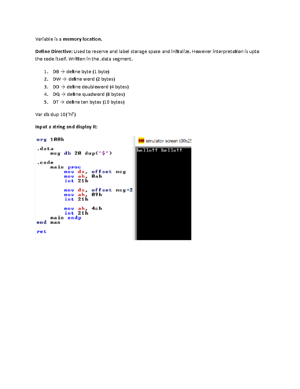 LAB COAL - Final - Variable is a memory location. Define Directive ...