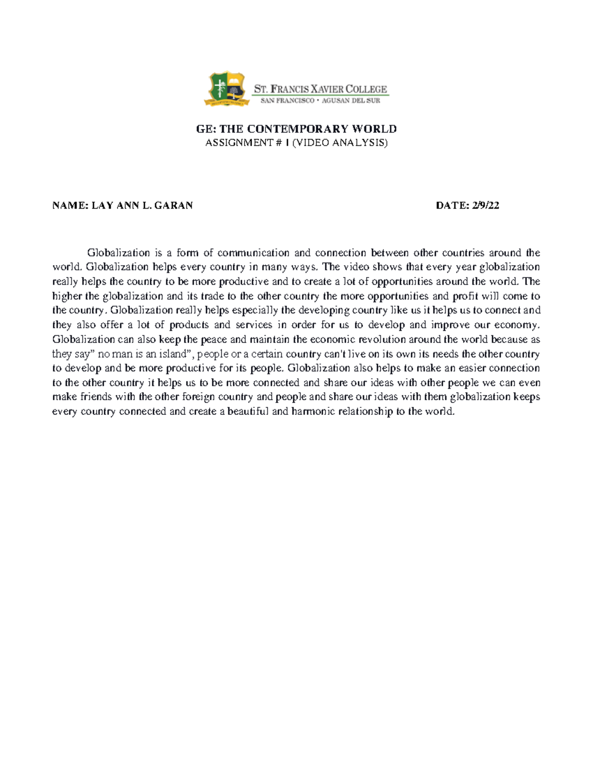 Video analysis contemporary world globalization essay assignment ...