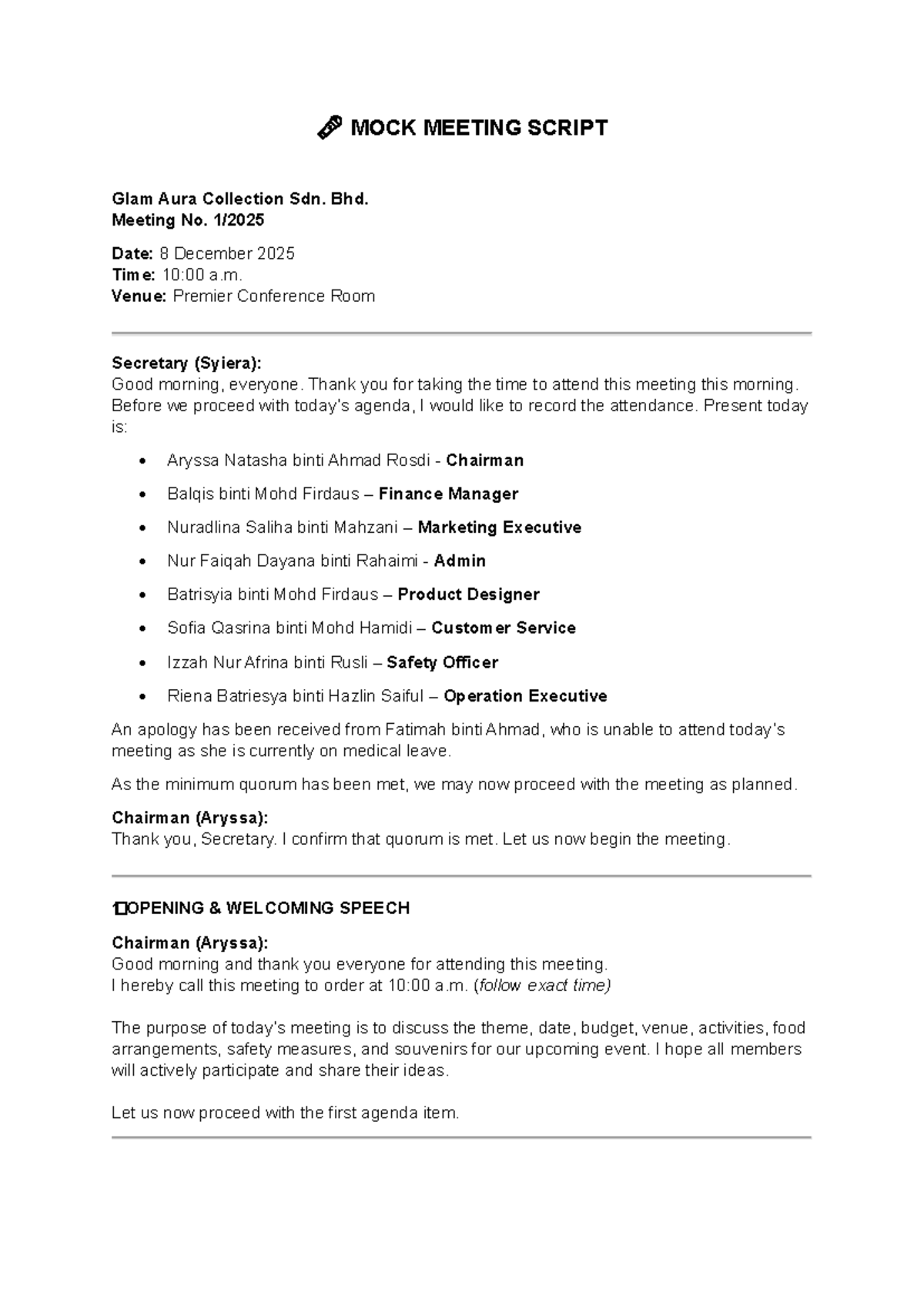 MOCK Meeting Script for Glam Aura Collection Sdn. Bhd. - 8 Dec 2025 ...