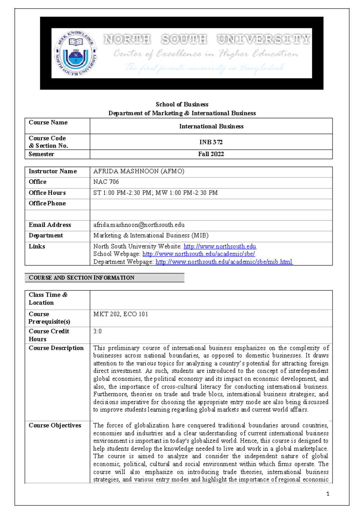 INB 372 Course Outline FALL 2022 - School of Business Department of ...