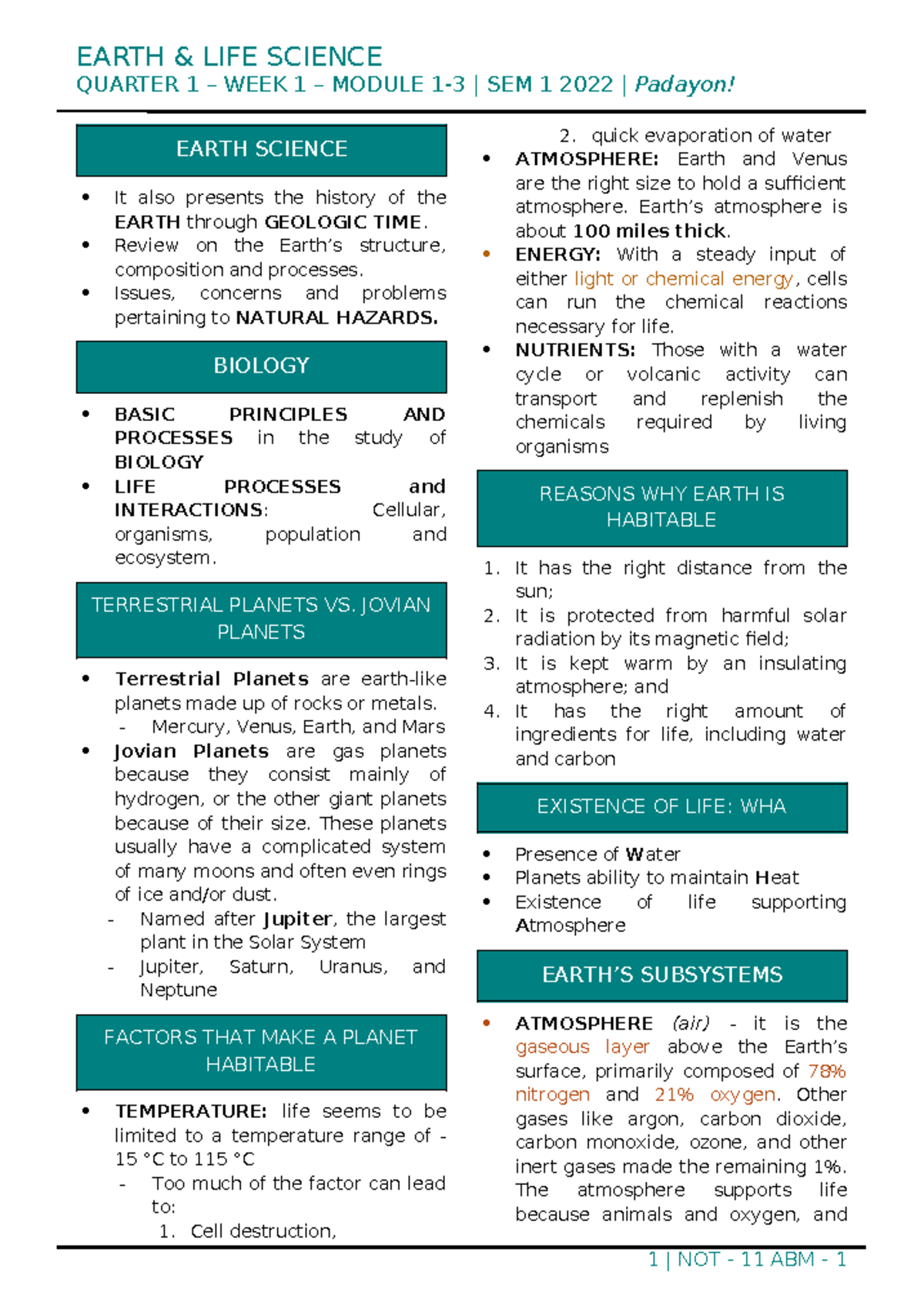 EALS 1: Earth Life Science Module Overview - Week 1, Sem 1 2022 - Studocu