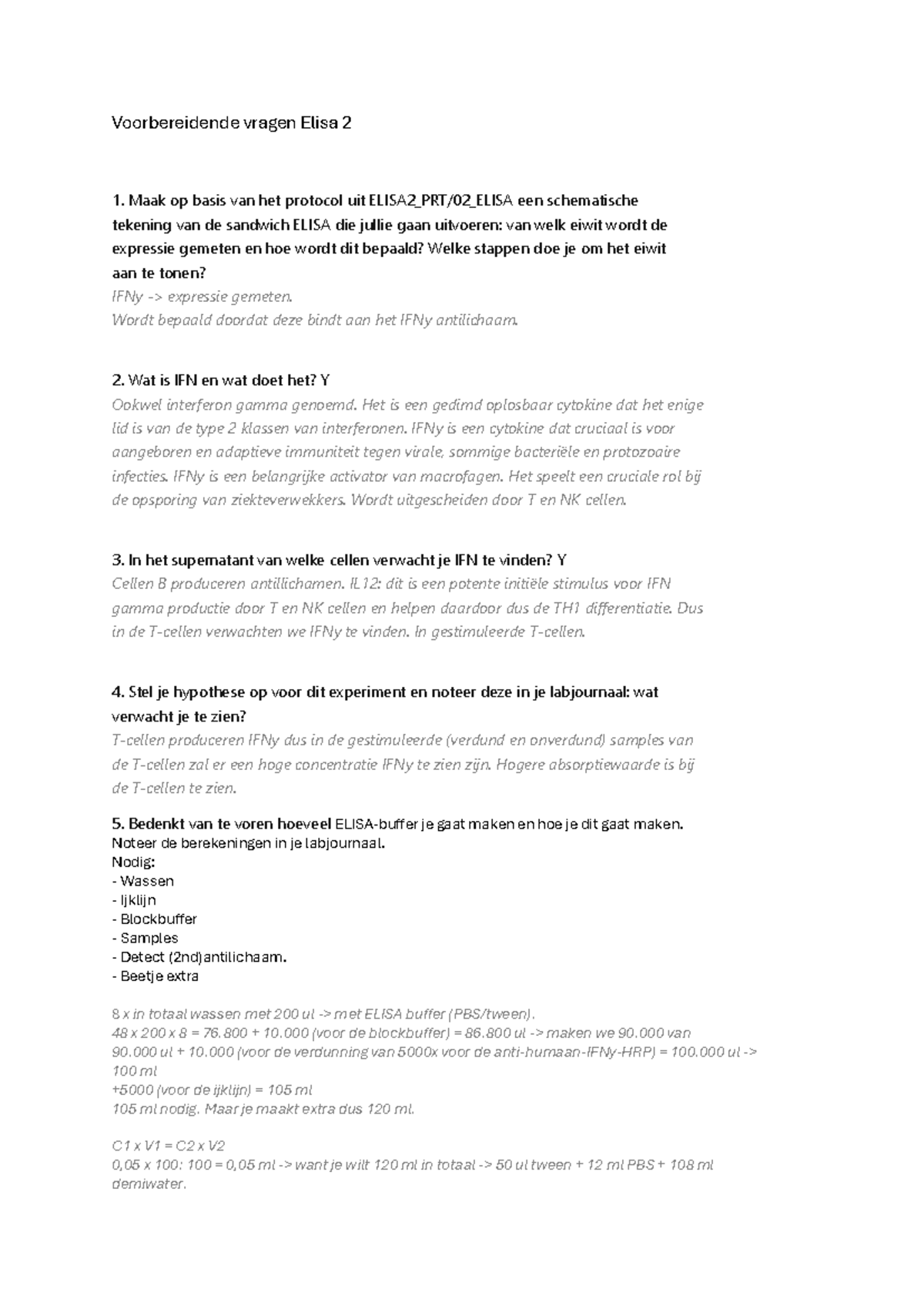 Voorbereidende Vragen voor ELISA2 - IFNy Experiment - Studeersnel