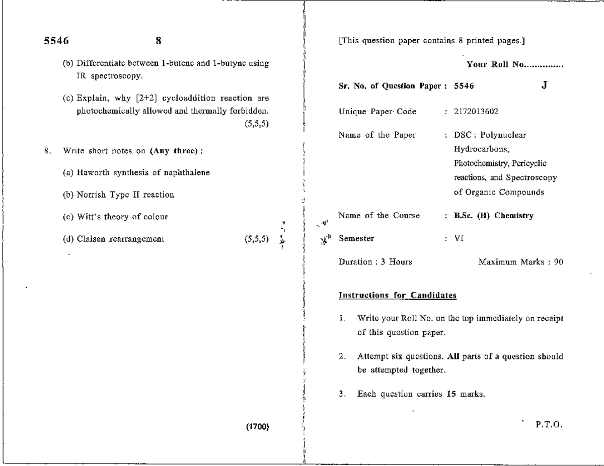 B.Sc. VI Chemistry: Question Paper 5546 on Polynuclear Hydrocarbons ...