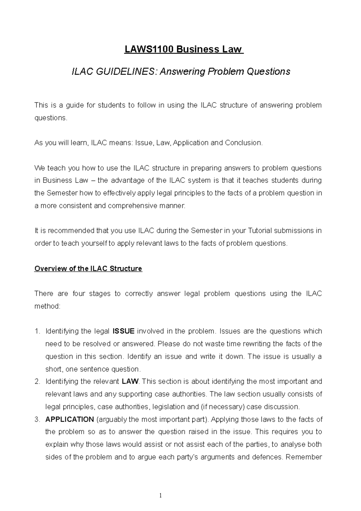 ILAC Technique Guide for LAWS1100 Business Law Problem Questions - Studocu