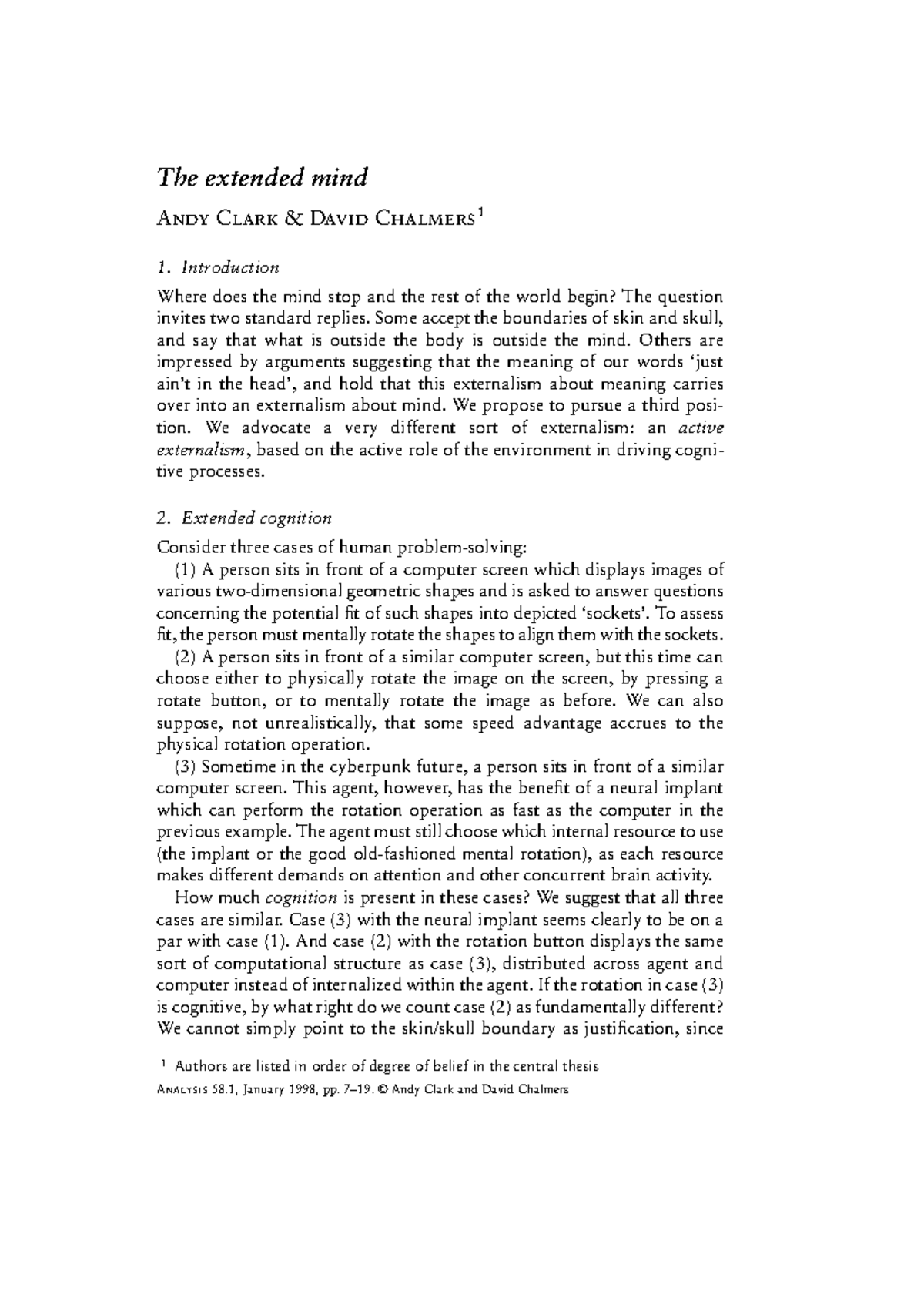 Clark and Chalmers 1998 The extended mind - Analysis 58, January 1998 ...