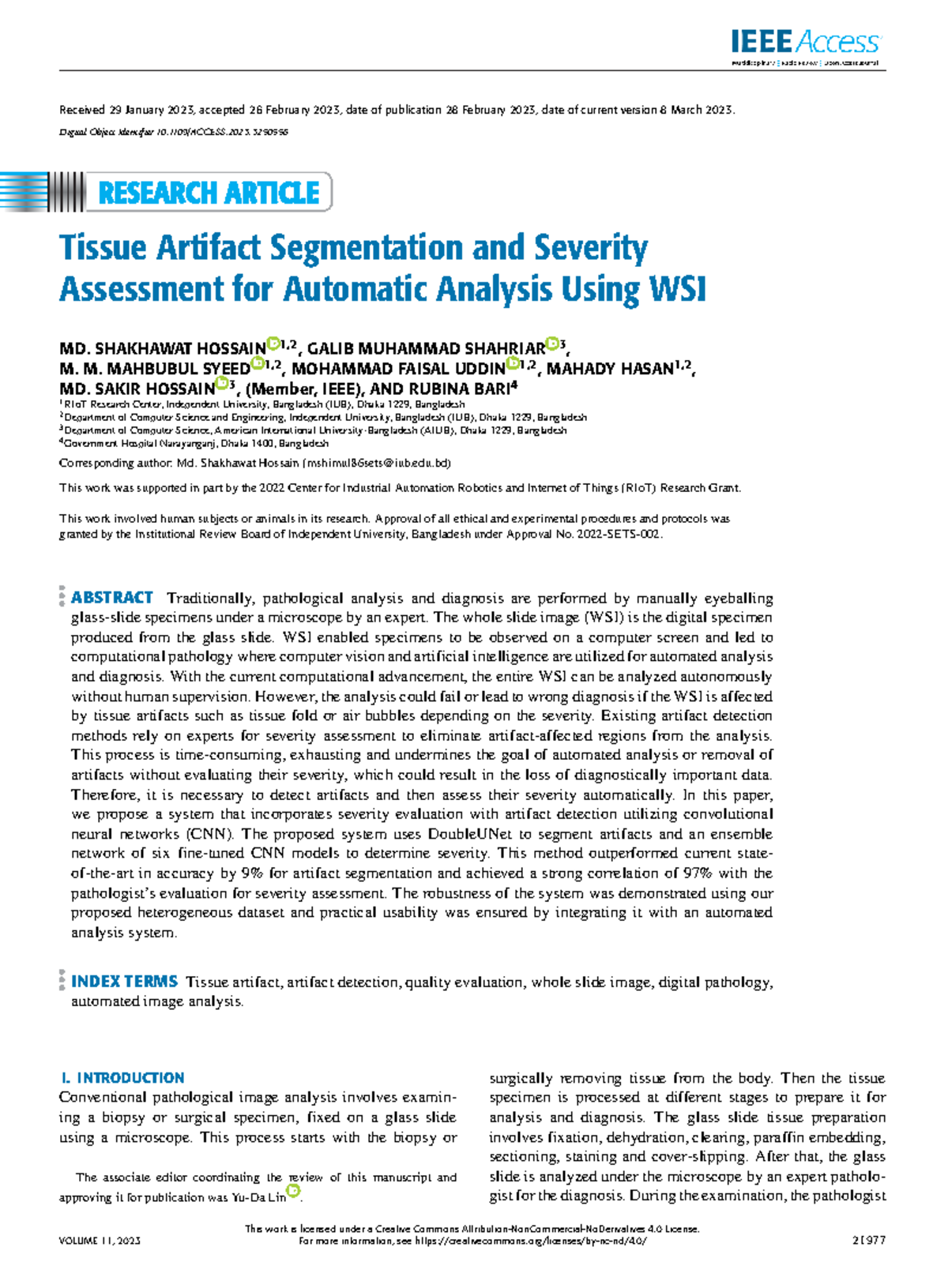Tissue Artifact Segmentation and Severity Assessment for WSI Analysis ...