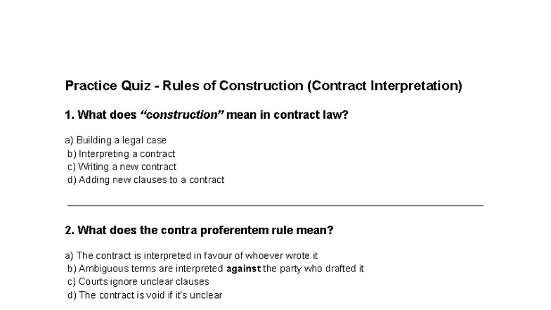 Practice Quiz: Rules of Construction (Contract Interpretation) - Studocu