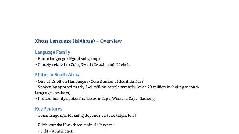 Xhosa Language Overview: Key Features and Cultural Significance - Studocu