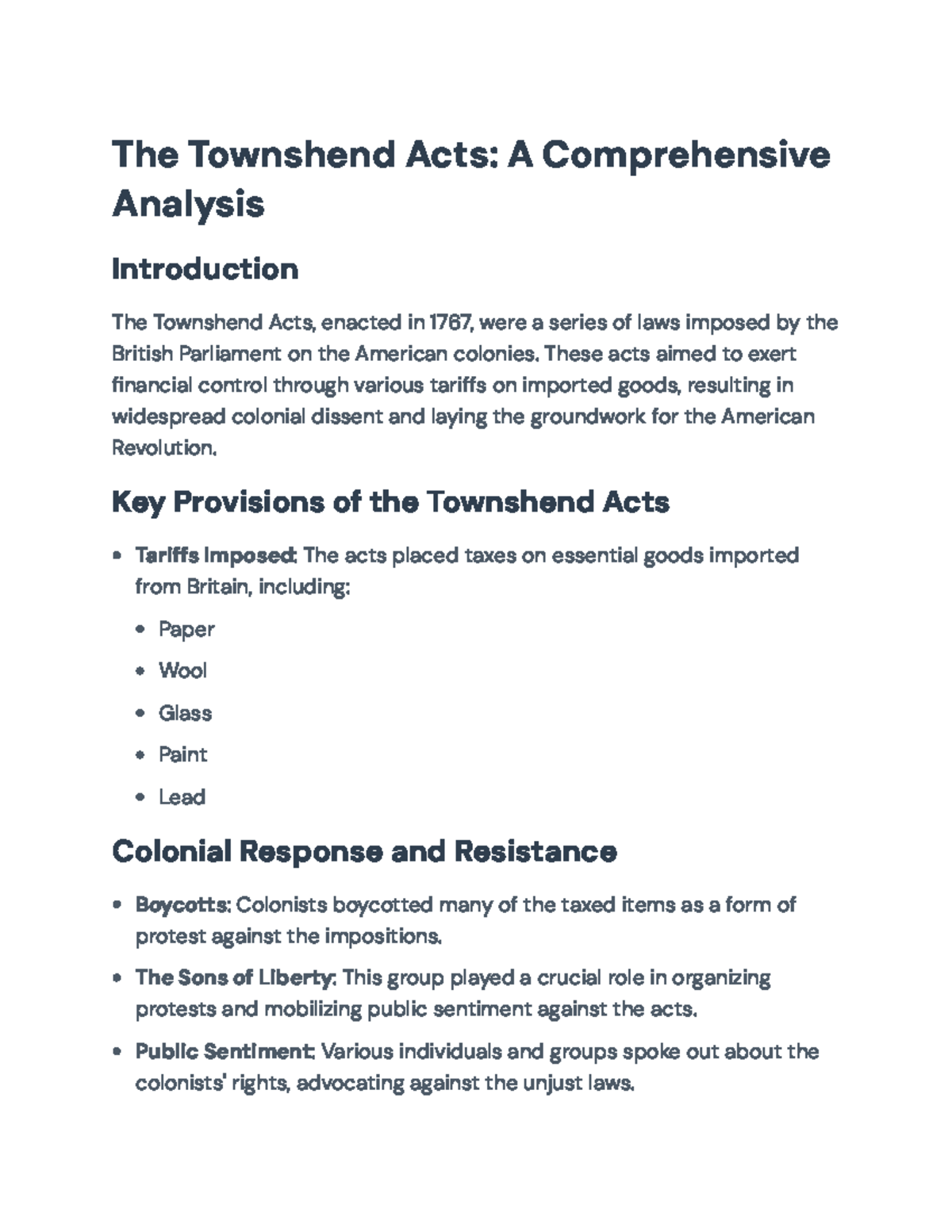 The Townshend Acts: Impact and Colonial Resistance Analysis (HIST101 ...