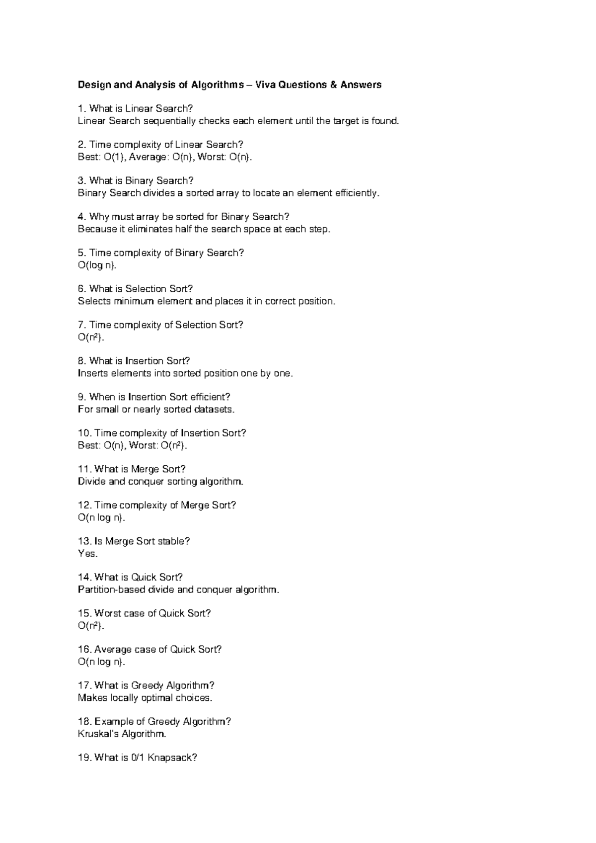 DAA Viva Questions & Answers: Design and Analysis of Algorithms - Studocu