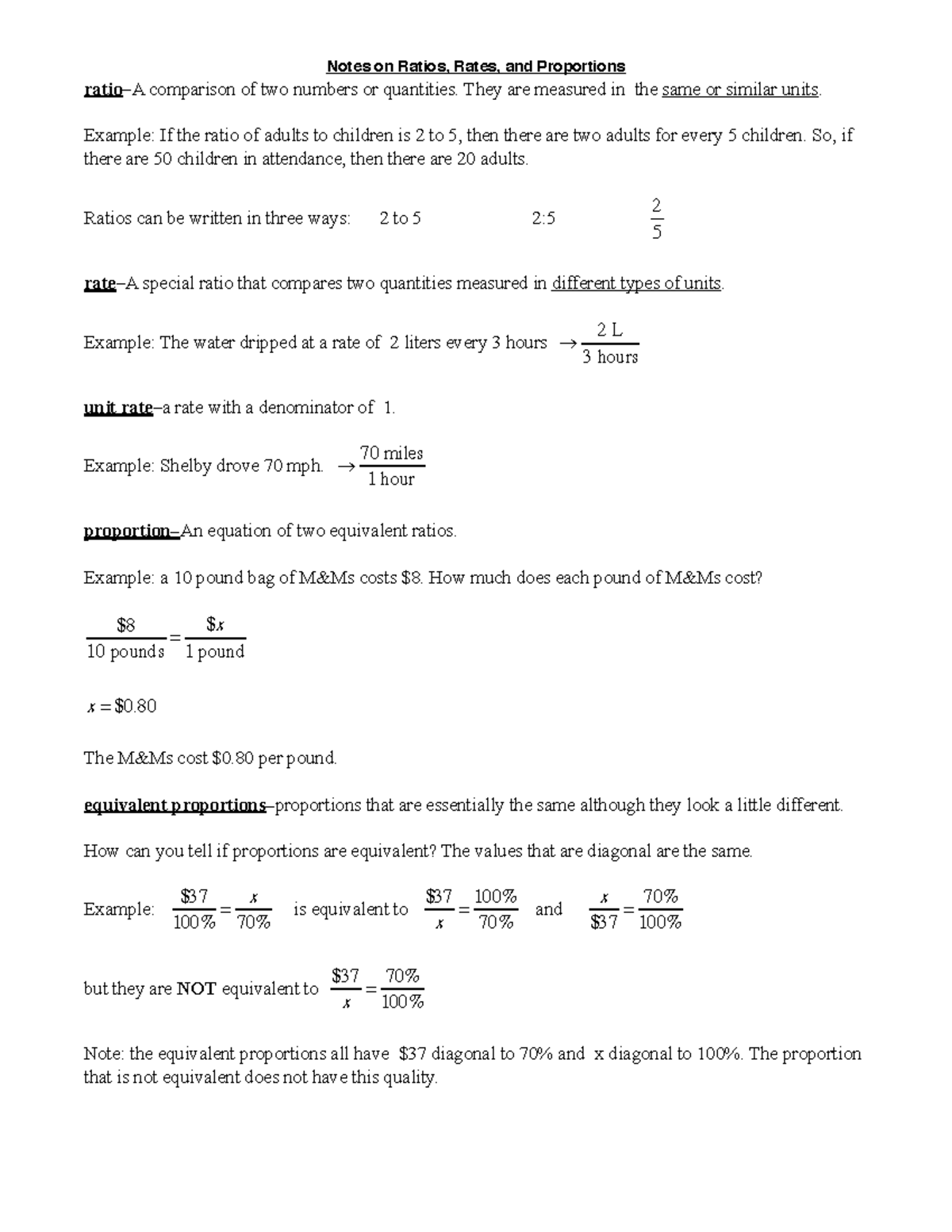 Notes on Ratios, Rates, and Proportions: Key Concepts and Examples ...