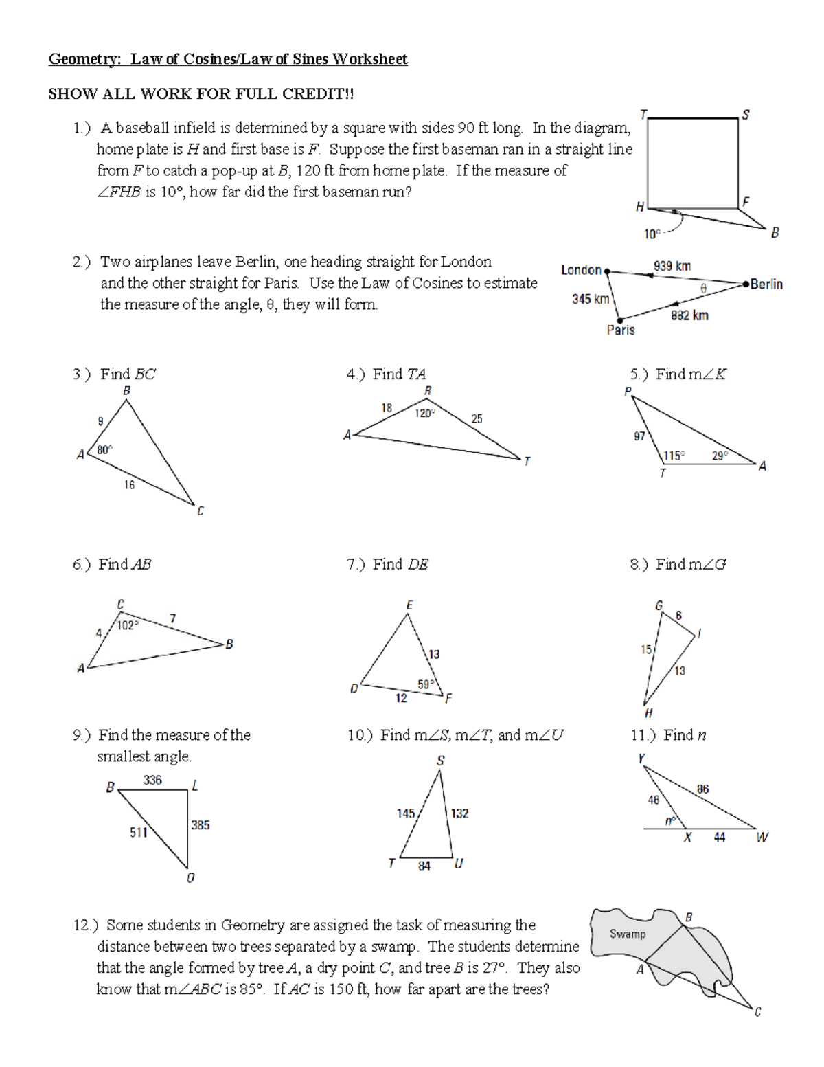 Geometry: Law of Sines & Cosines Worksheet for Full Credit - Studocu