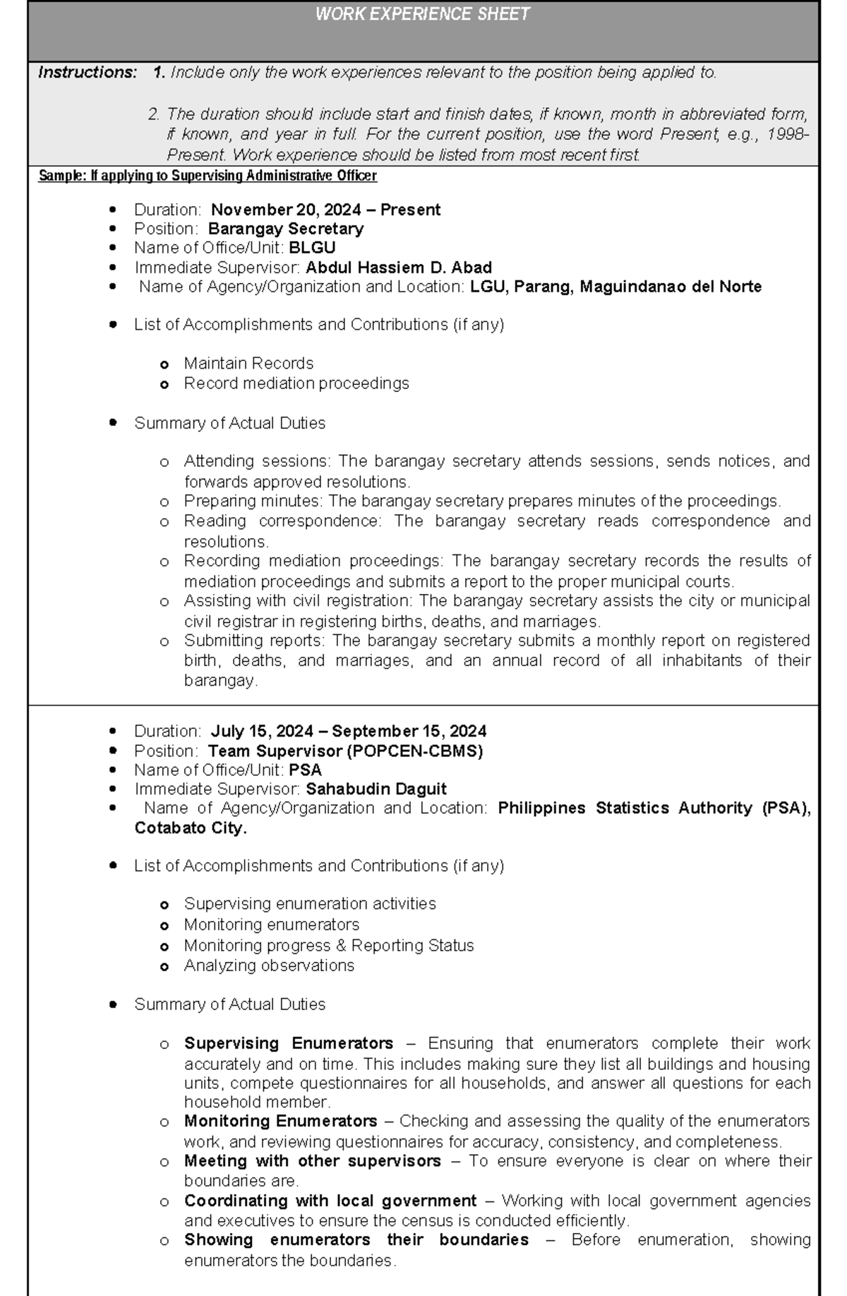 CS Form No. 212 Attachment: Work Experience Sheet Guidelines - Studocu
