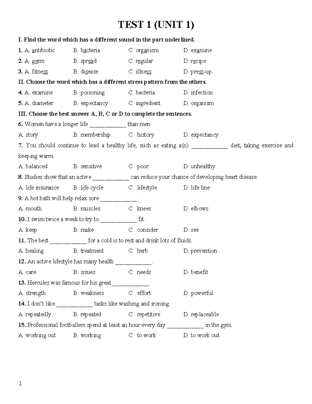 TEST 1 (UNIT 1) - English Language Practice and Exercises - Studocu