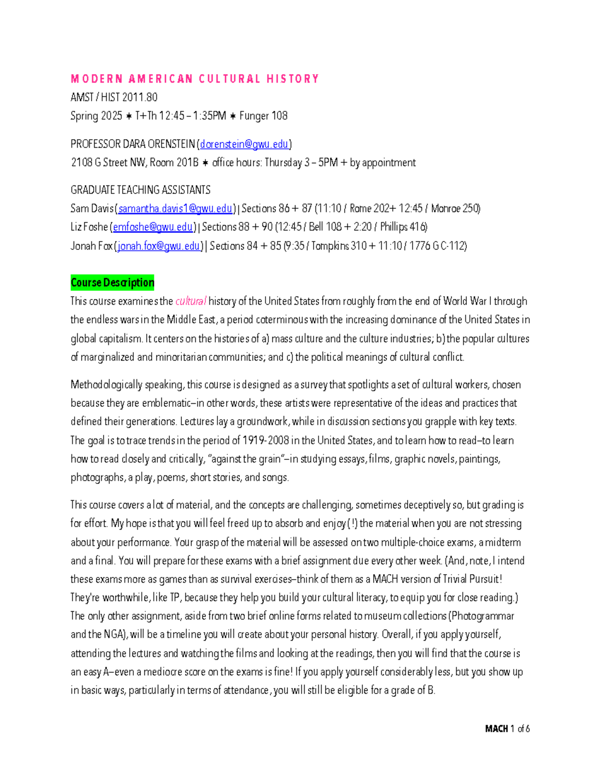Modern American Cultural History Syllabus - AMST HIST 2011.80 Spring ...