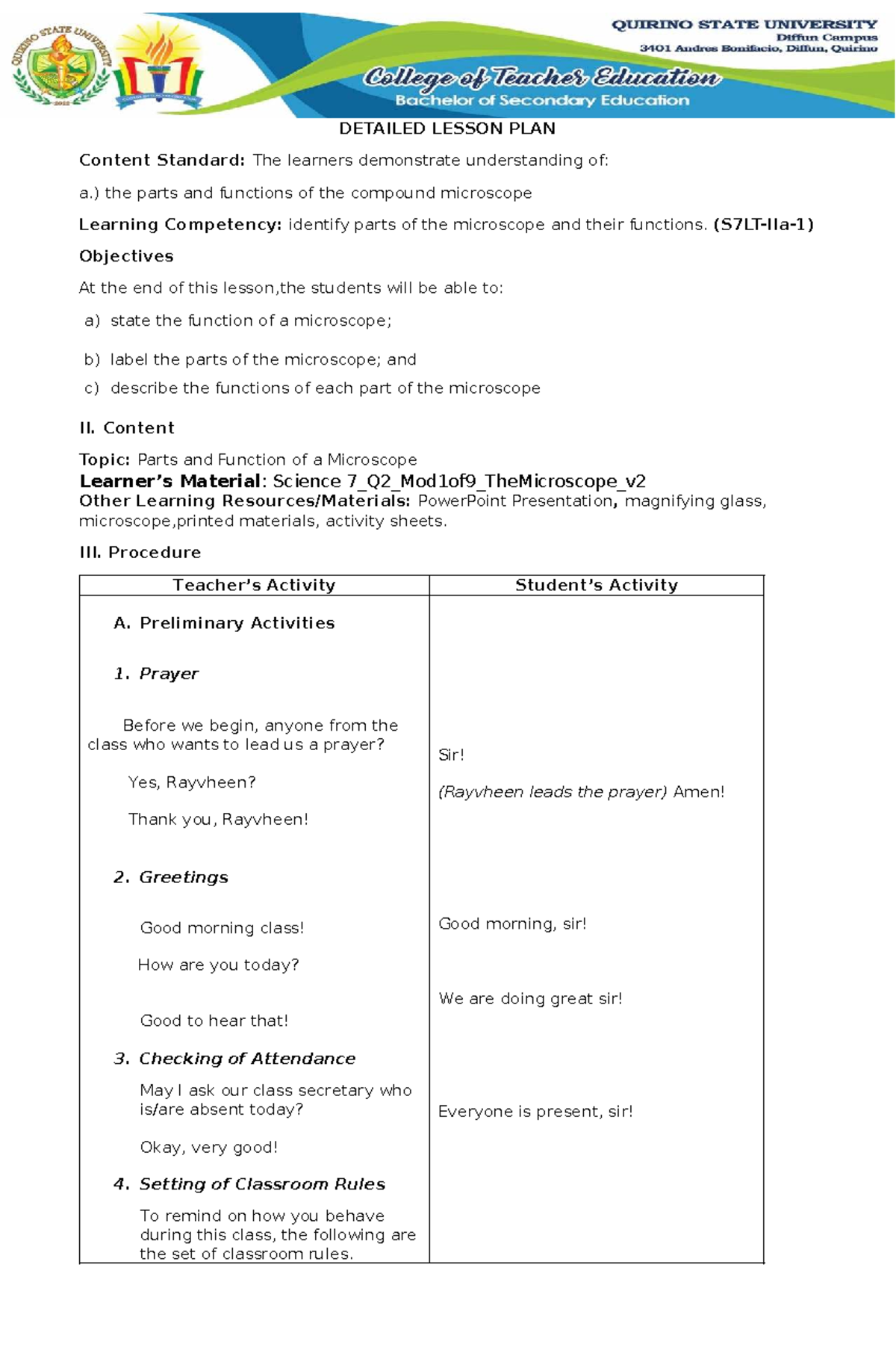 Detailed Lesson Plan: Parts & Functions of the Microscope (Science 7 ...