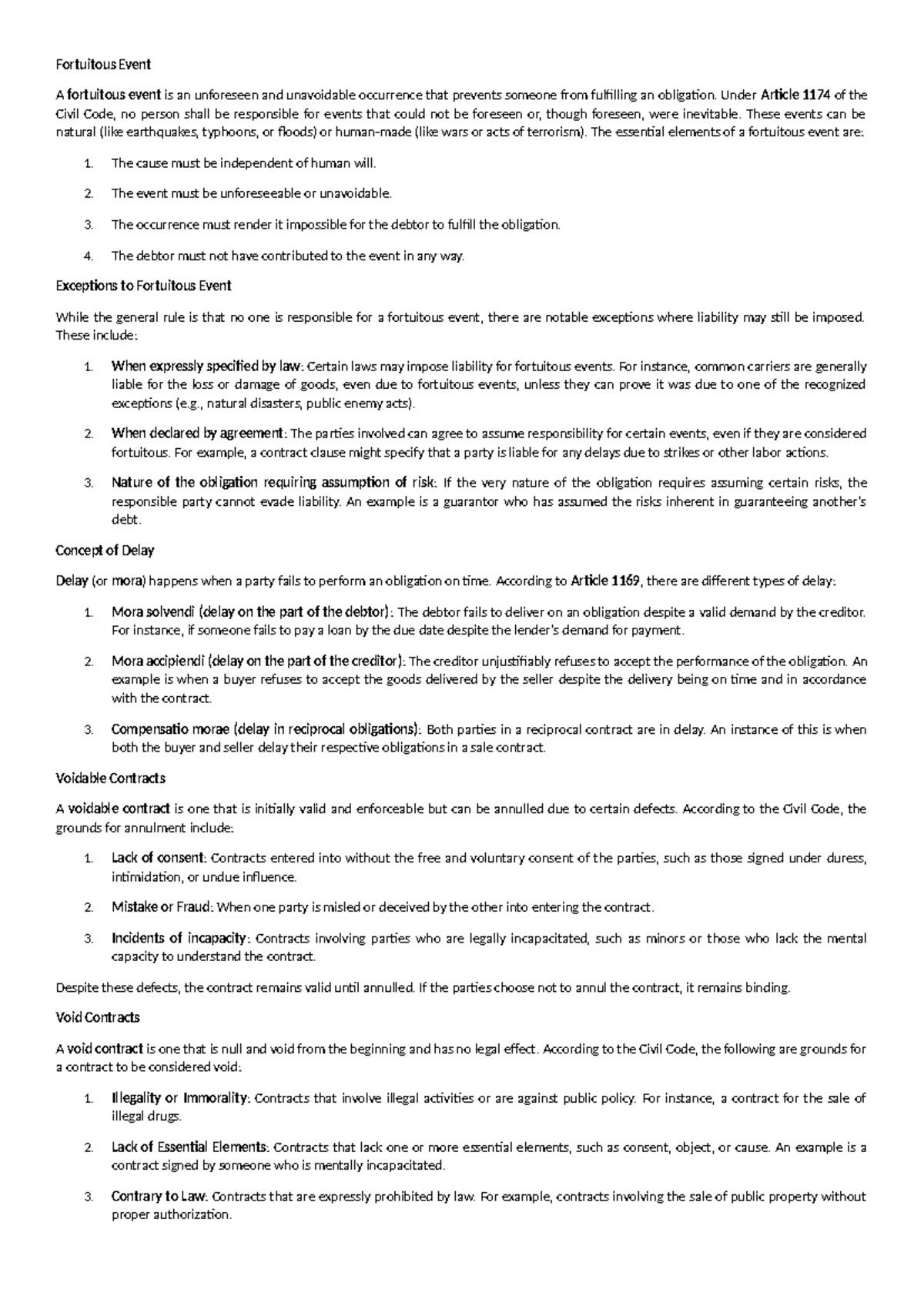 Civil Code: Fortuitous Events, Delay, and Contract Validity Explained ...
