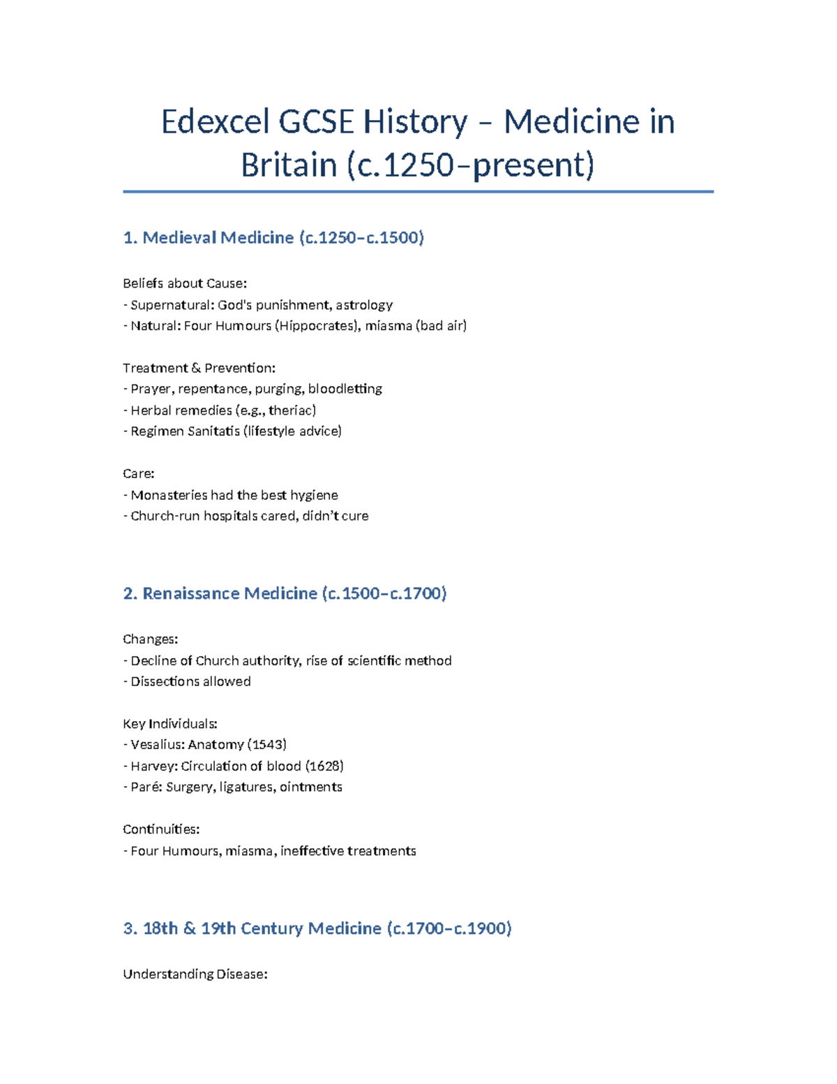 Edexcel GCSE History Medicine Revision Sheet: Key Concepts & Changes ...