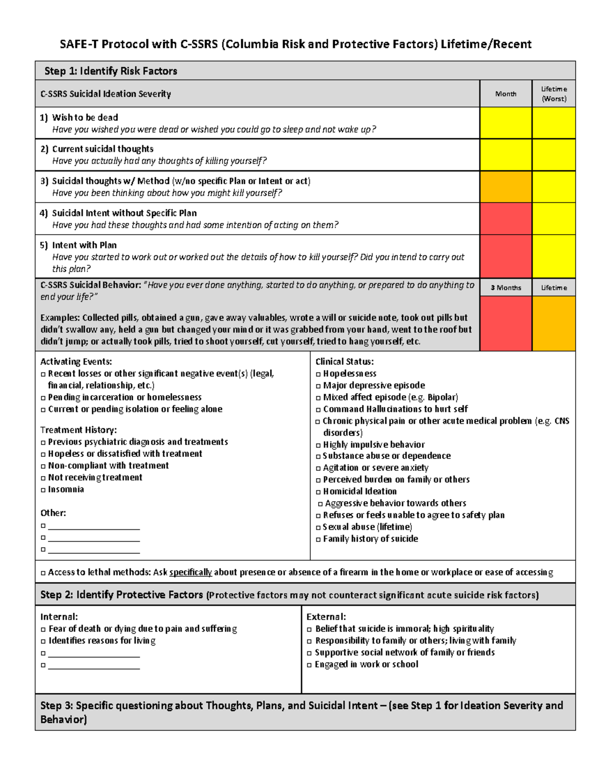 SAFE-T Protocol with Columbia Risk & Protective Factors (C SSRS) - Studocu