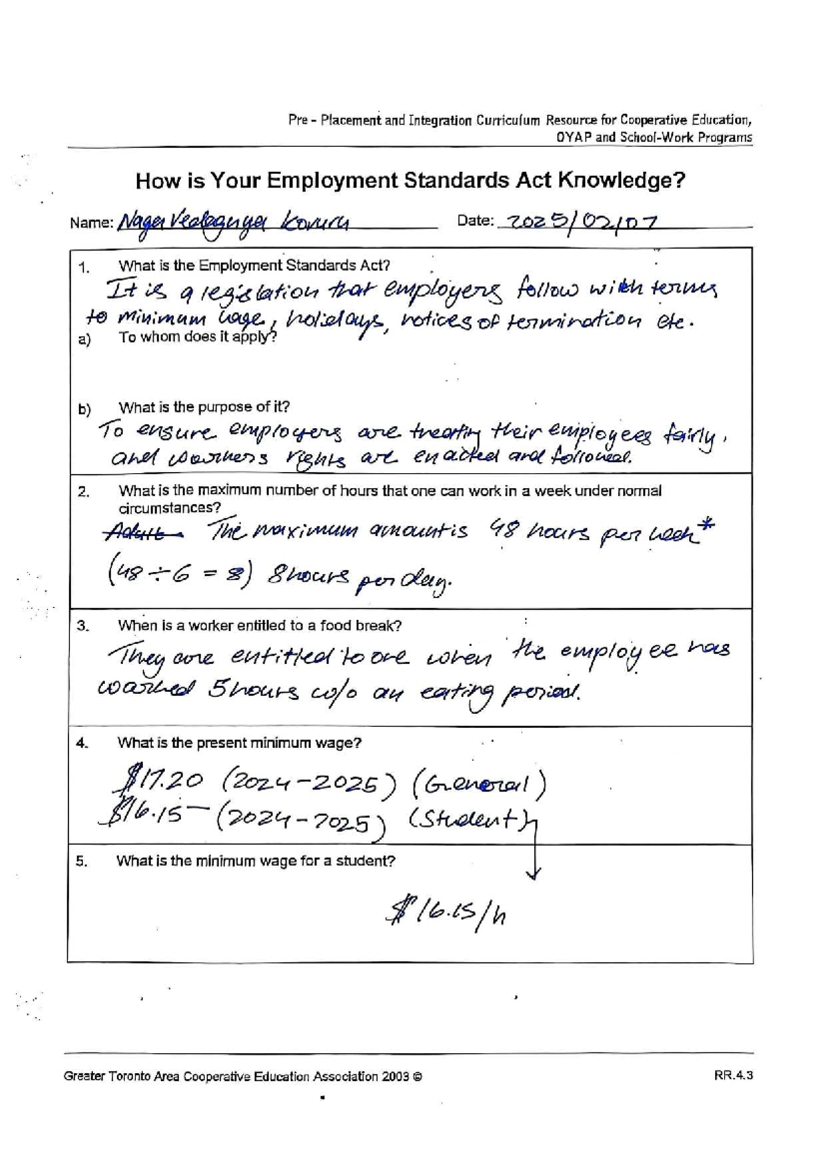 Employment Standards Act Knowledge Quiz Resource for OYAP Programs ...