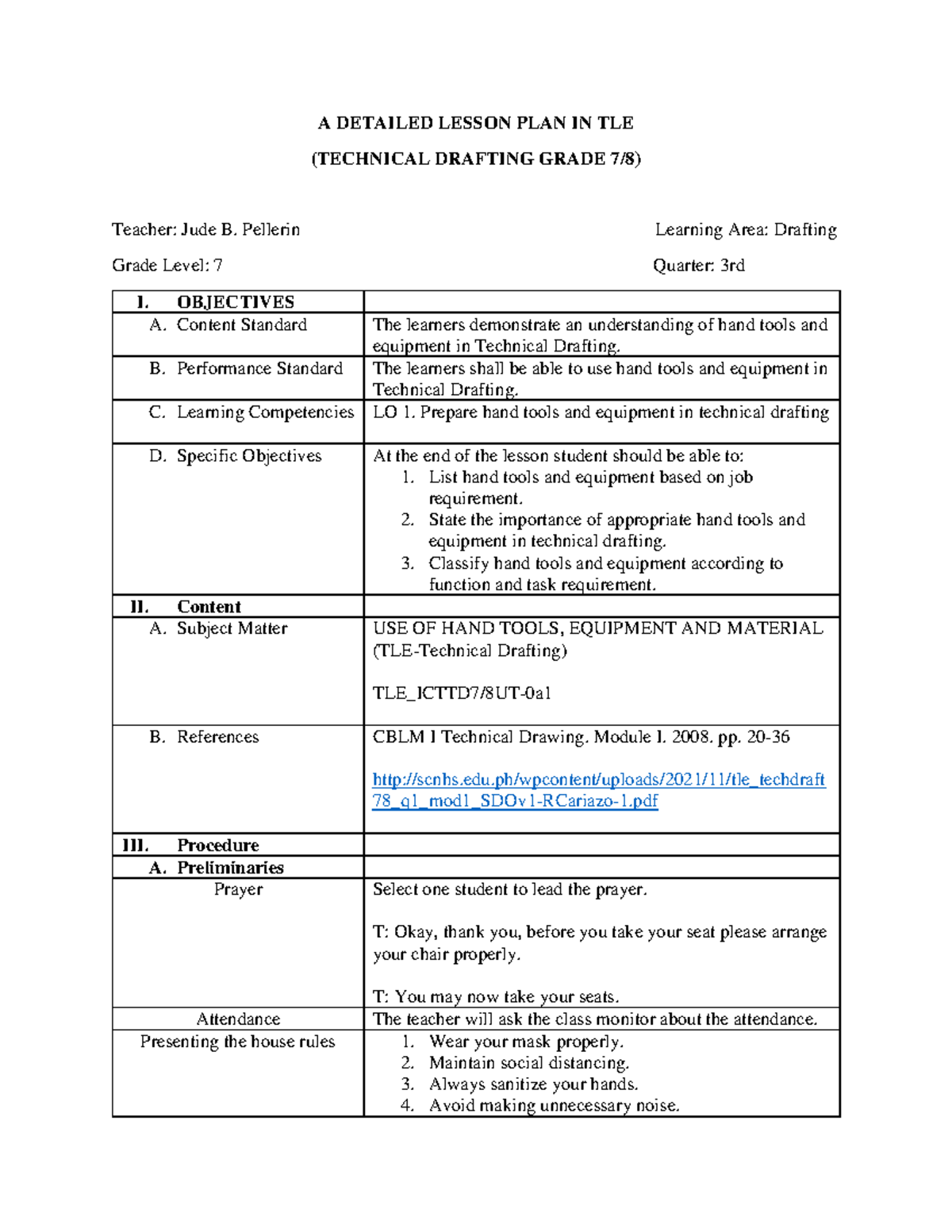 TLE_ICTTD7/8 Lesson Plan: Effective Use of Hand Tools in Drafting - Studocu
