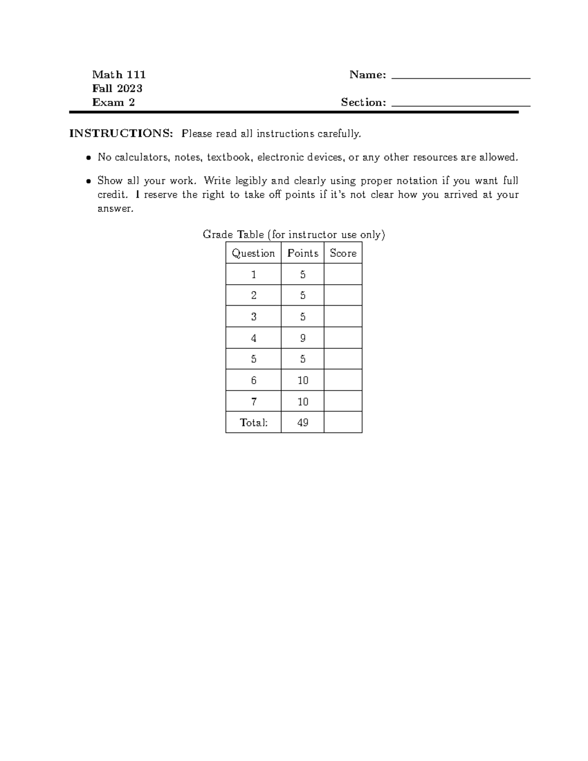 Math 111 Exam 2 - Fall 2023 - Properties of Numbers & Operations - Studocu