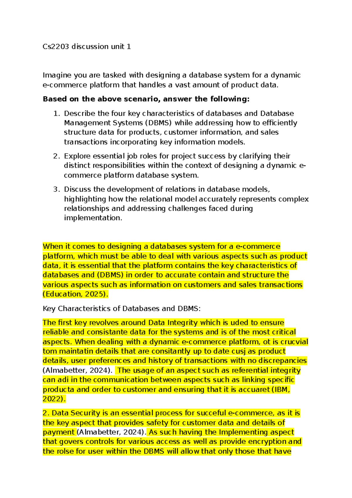 Cs2203 Discussion Unit 1: Designing a Dynamic E-commerce Database ...