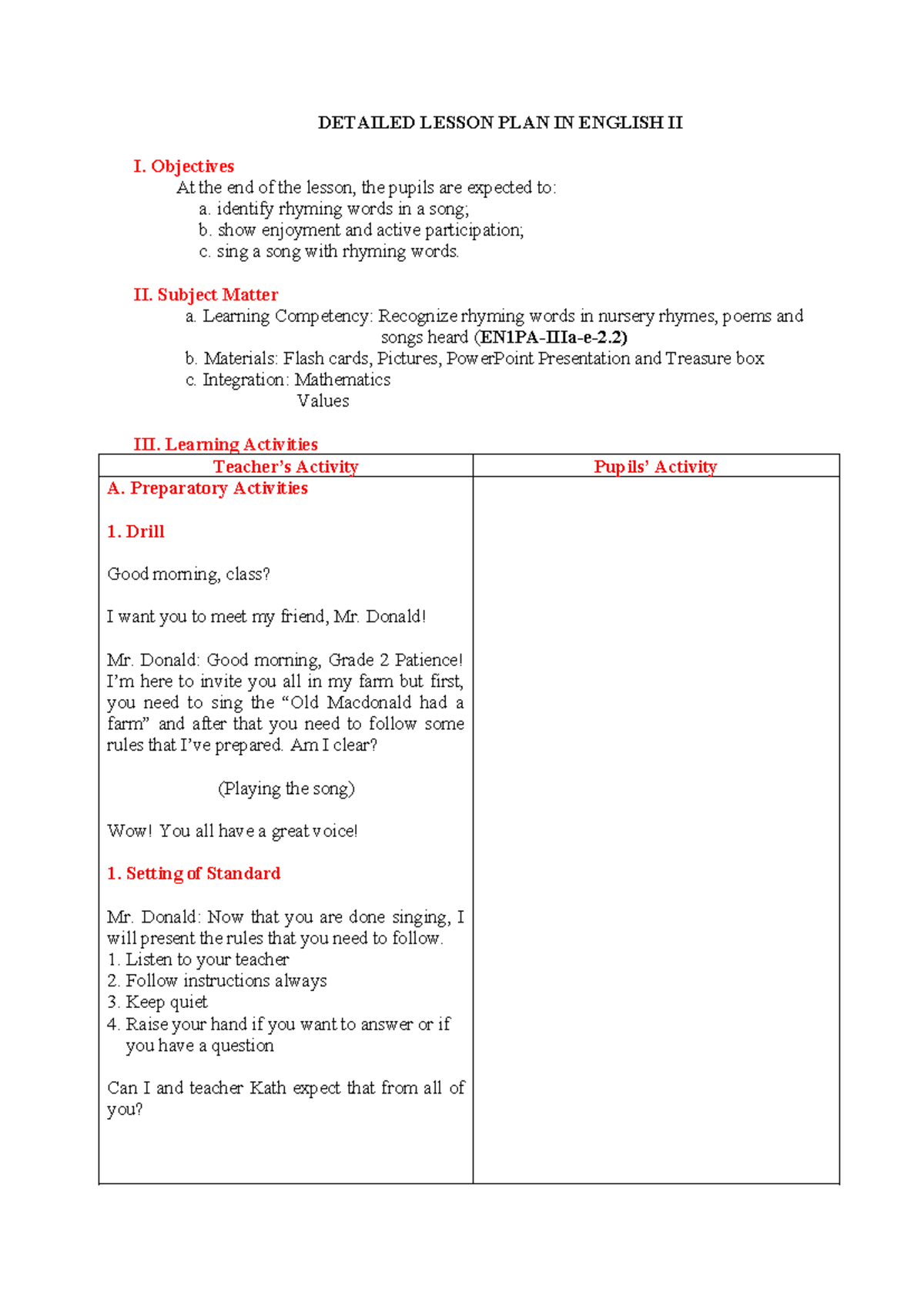 Detailed Lesson Plan in English II: Rhyming Words Activities - Studocu