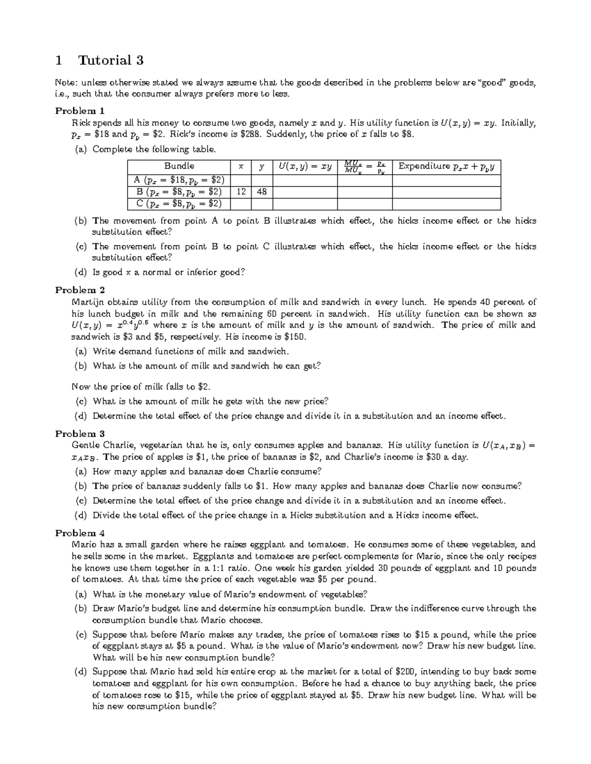 1CK90 Microeconomics Tutorial Exercises: Analyzing Consumer Utility ...