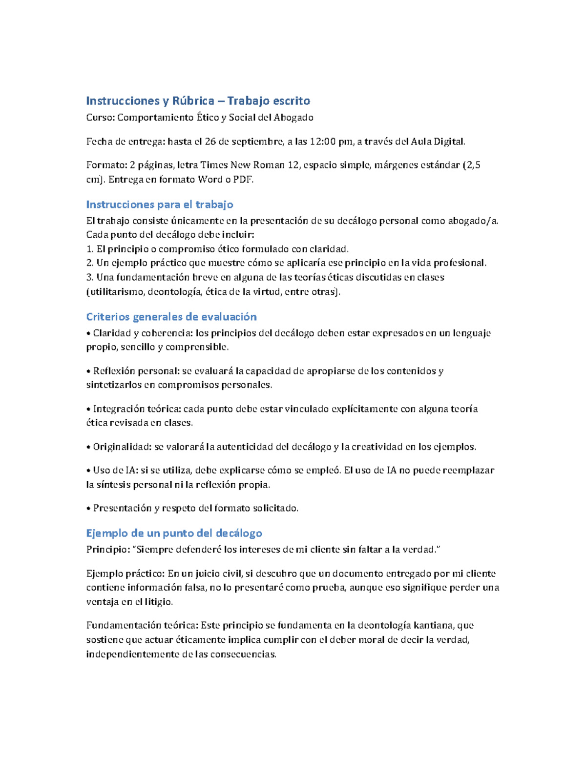 Instrucciones y Rúbrica para el Primer Ensayo - Comportamiento Ético y ...