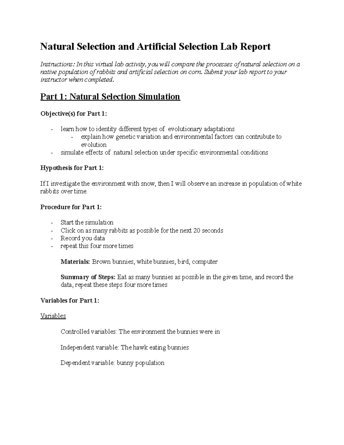 Natural & Artificial Selection Lab Report: Rabbit & Corn Analysis - Studocu