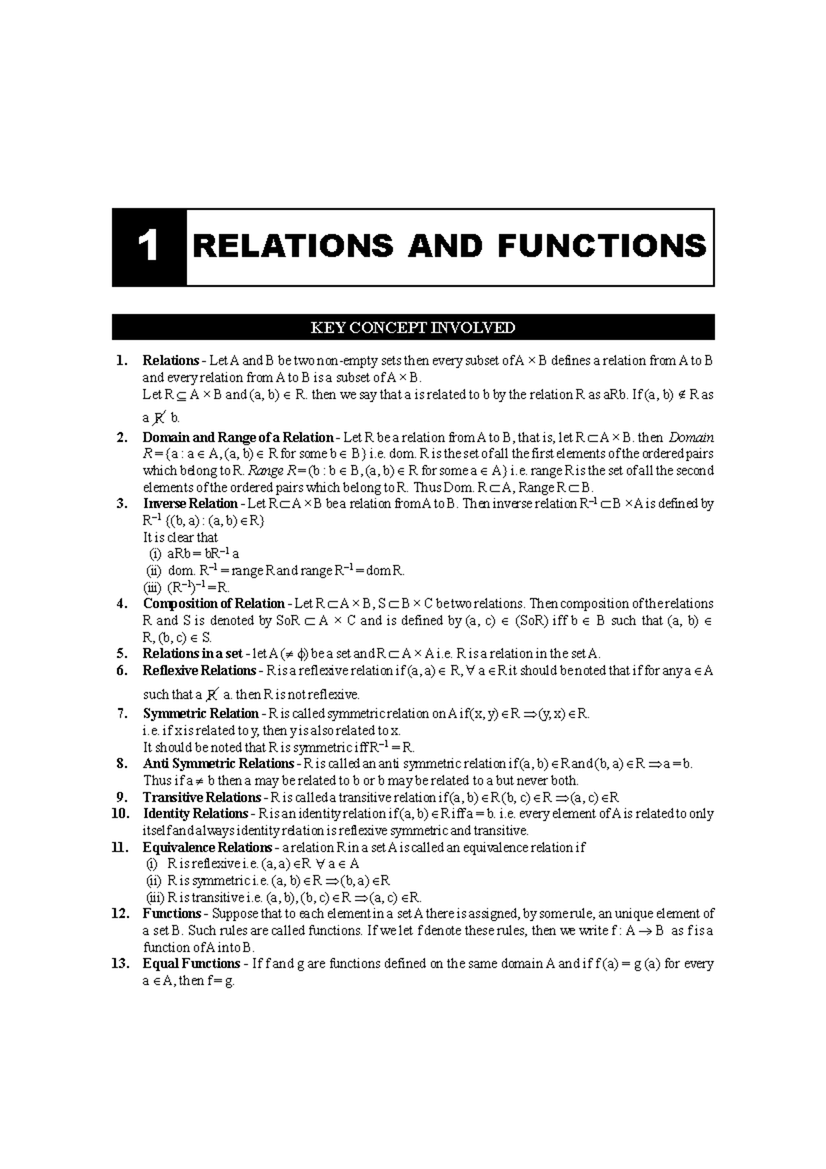 CBSE Class 12 Maths Chapter 1 Notes: Relations & Functions Formulas ...