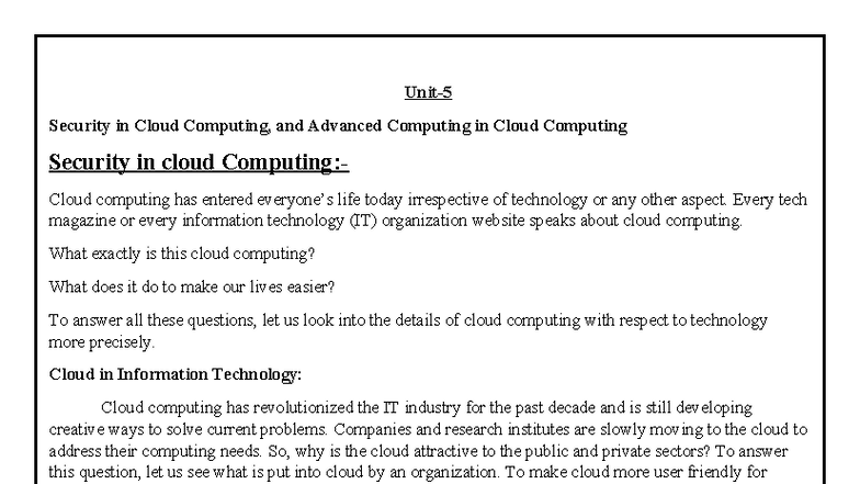 Unit-5: Security Challenges and Solutions in Cloud Computing - Studocu