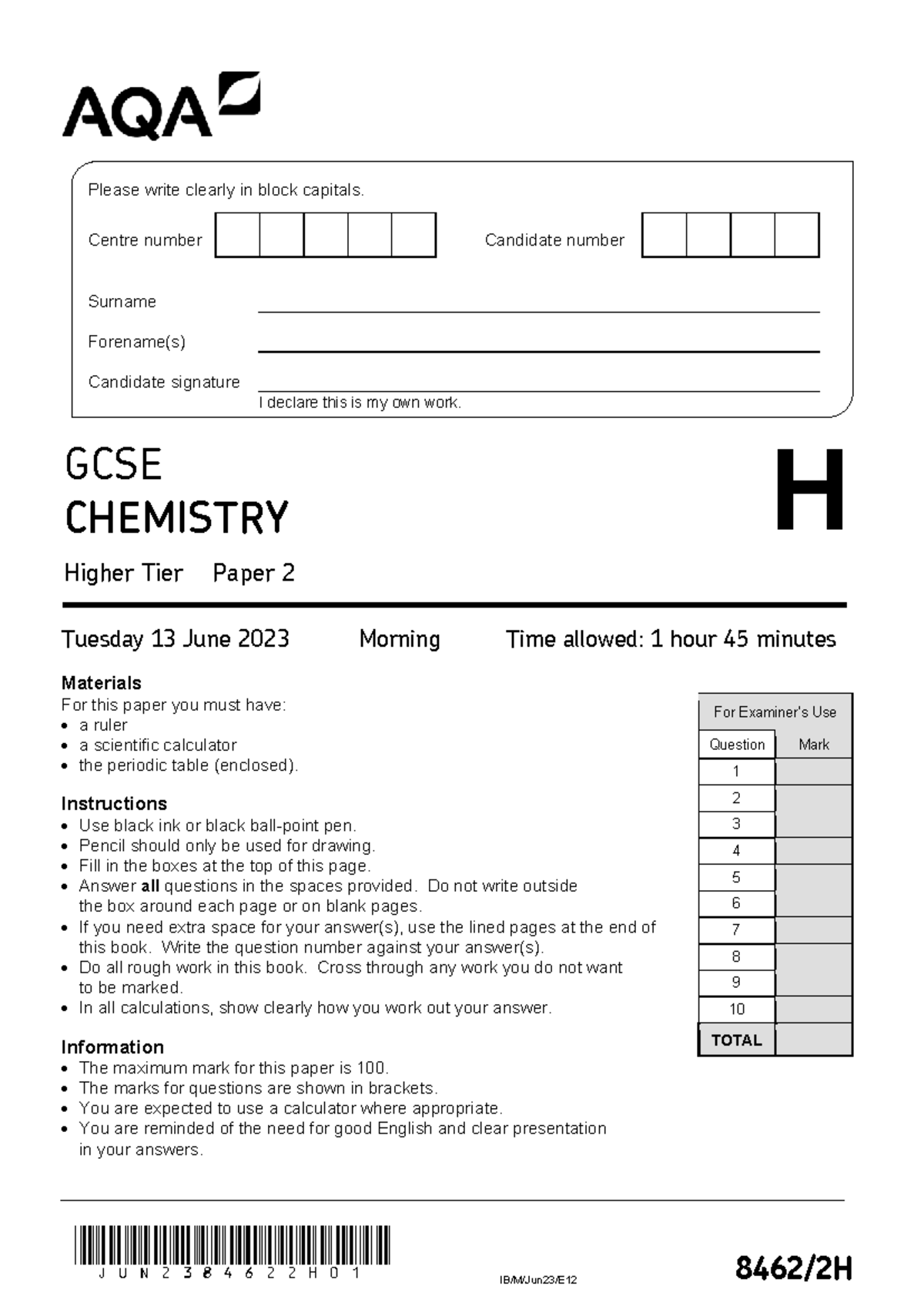 AQA GCSE Chemistry Higher Tier Paper 2 June 2023 Exam Questions - Studocu