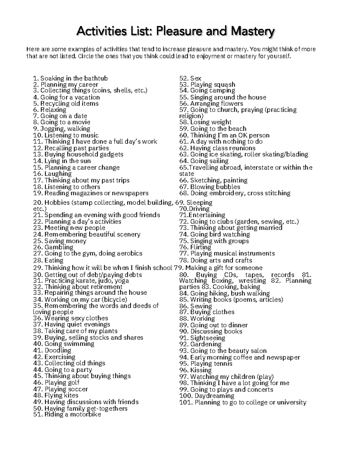 List of Activities for Activity Planning: Enhancing Pleasure & Mastery ...