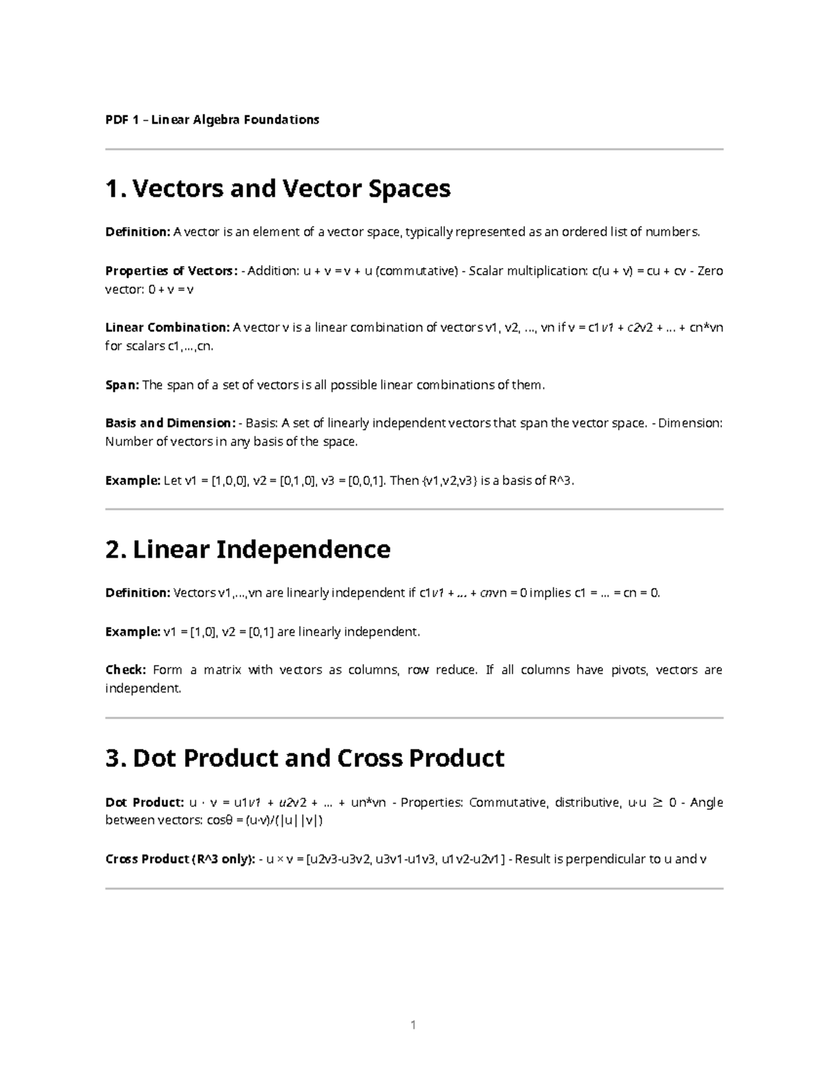 Linear Algebra 1ZC3 Notes: Vectors, Spaces, and Operations - Studocu
