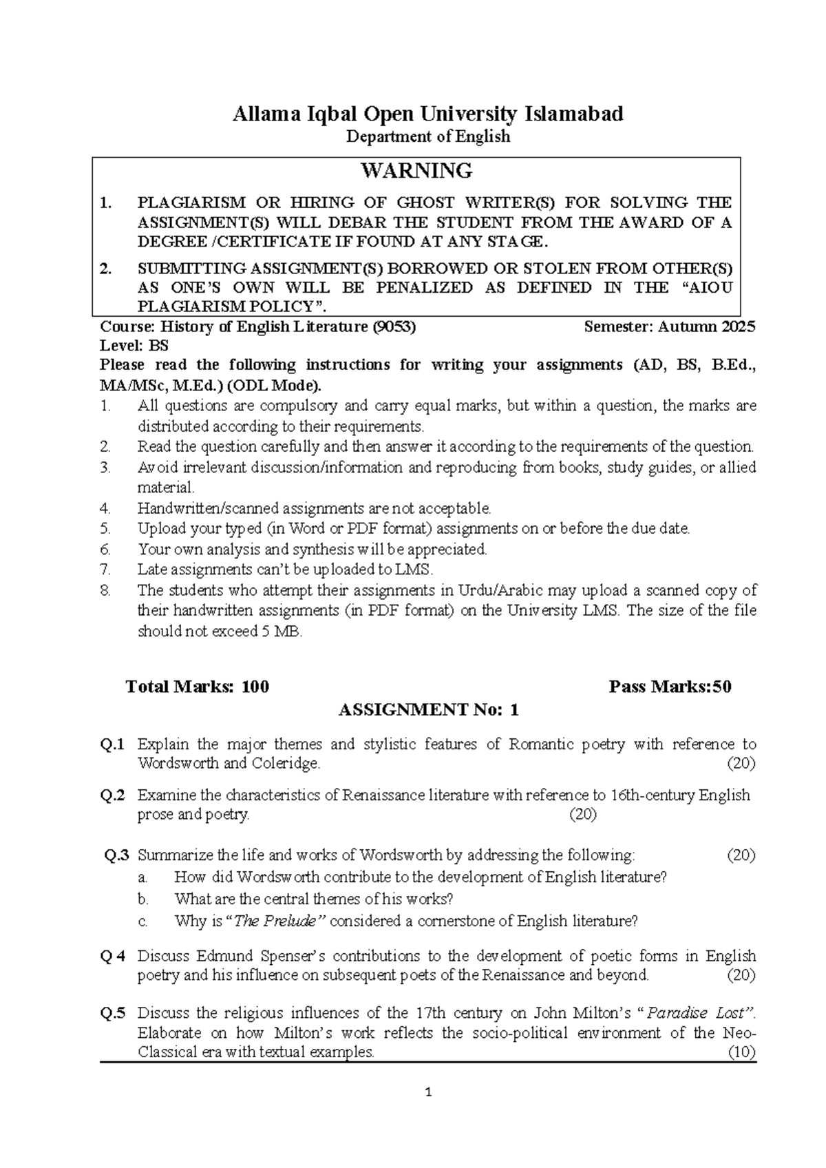 History of English Literature (9053) Assignment Guidelines - Autumn ...